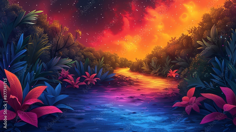 Rainbow garden paths meander through vibrant and lush gardens with a ...