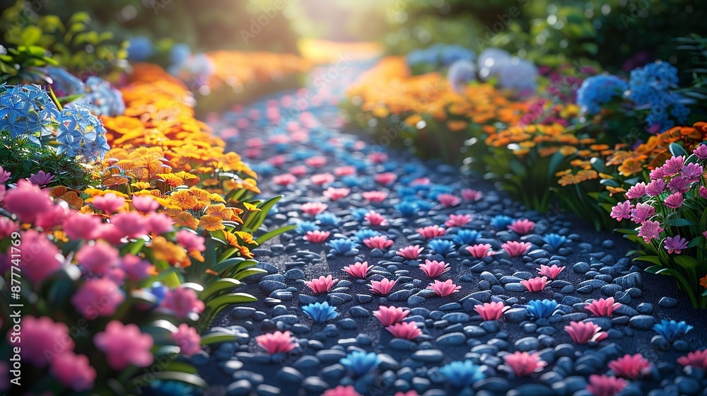 Rainbow garden paths meander through vibrant and lush gardens with a ...