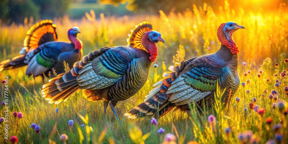Vibrant wild turkeys with iridescent feathers strut through a sun ...