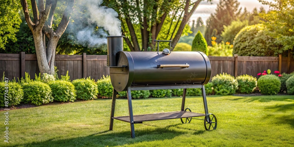 Texas Charcoal offset smoker sitting in backyard during cookout, smoker ...