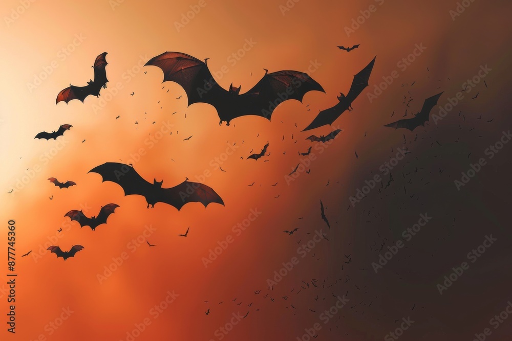 A graphic design of bats flying in the sky, with an orange and black ...