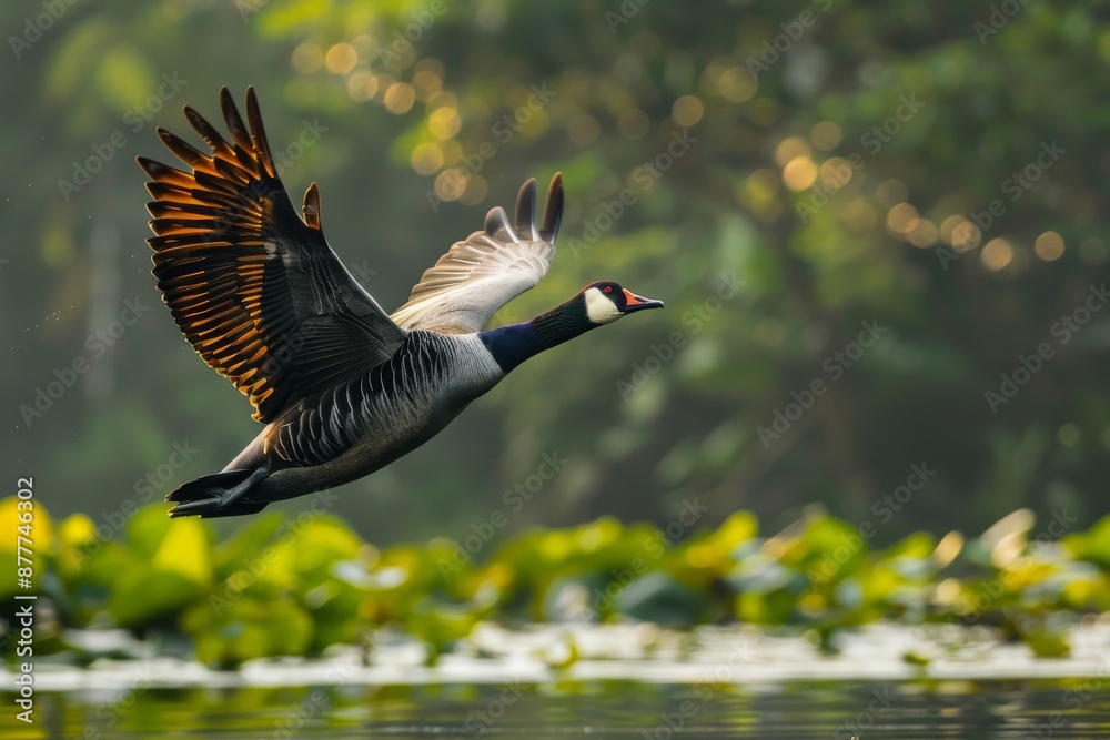 Full body view of Taiga Bean Goose fly on lake in natural habitat, full ...