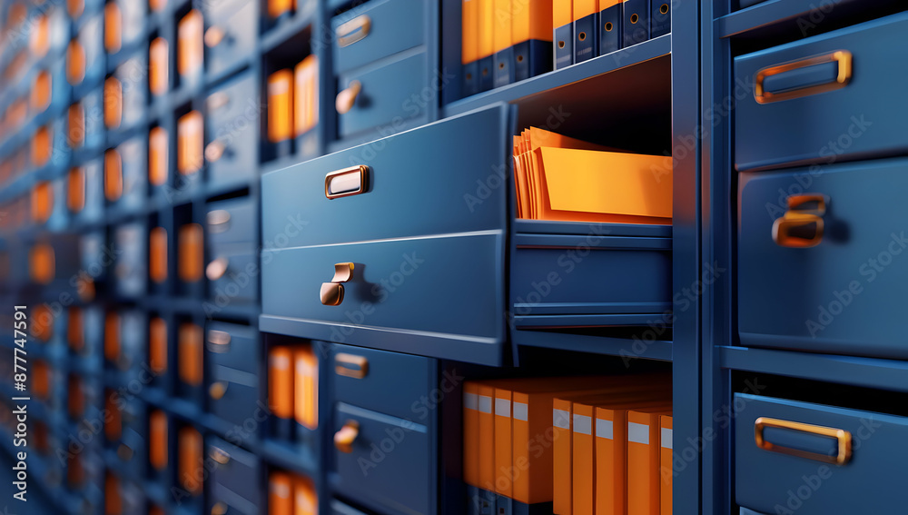 Blue filing cabinets with orange folders, open drawer. Organized ...