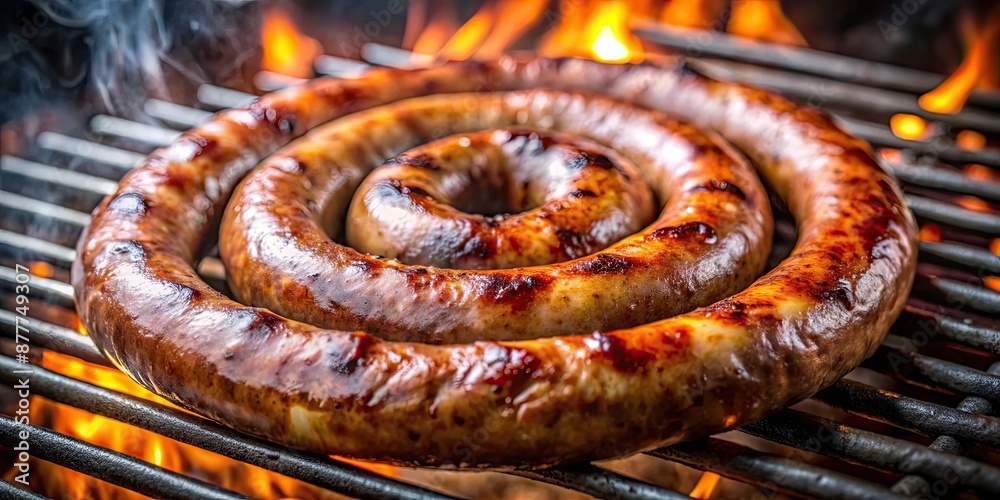 Cinematic shot of Boerewors sausage sizzling on a traditional South ...