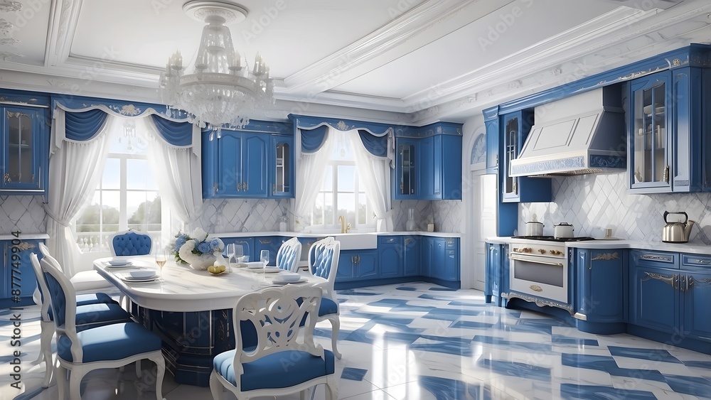 Royal luxury kitchen interior design, blue and white color interior ...
