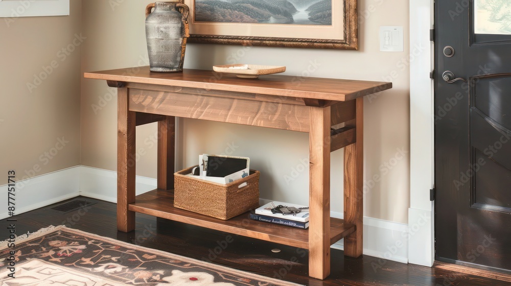 Craftsman-style entryway table with a wooden top and a lower shelf ...