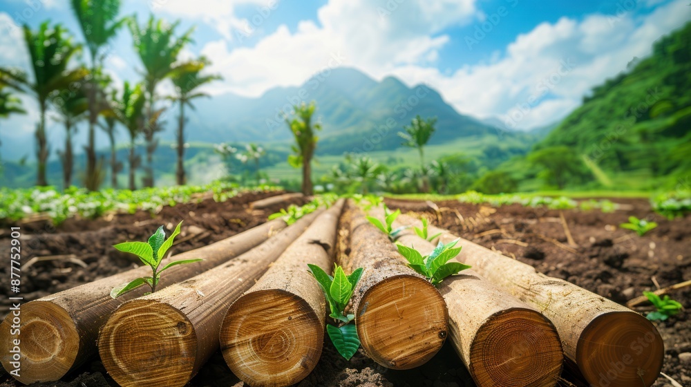 Tree saplings growing from cut bamboo logs against lush green mountains ...