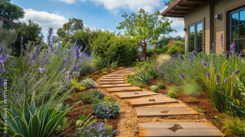 Craftsman-style garden path with wooden stepping stones and bordered by ...