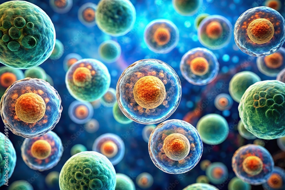 Microscopic view of cells in various stages of division , Microscopic ...