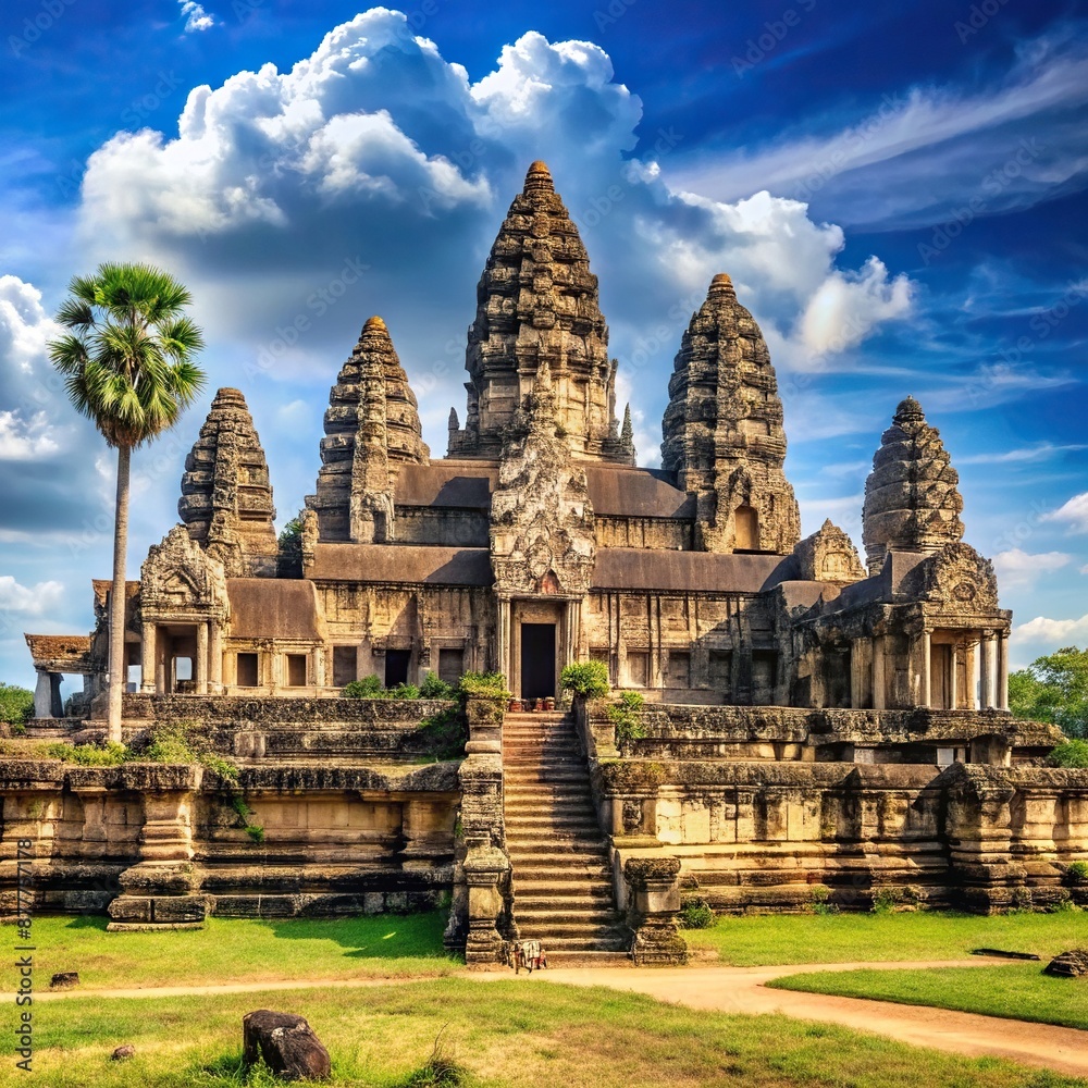 The ancient ruins of a historic Khmer temple in the temple complex of ...