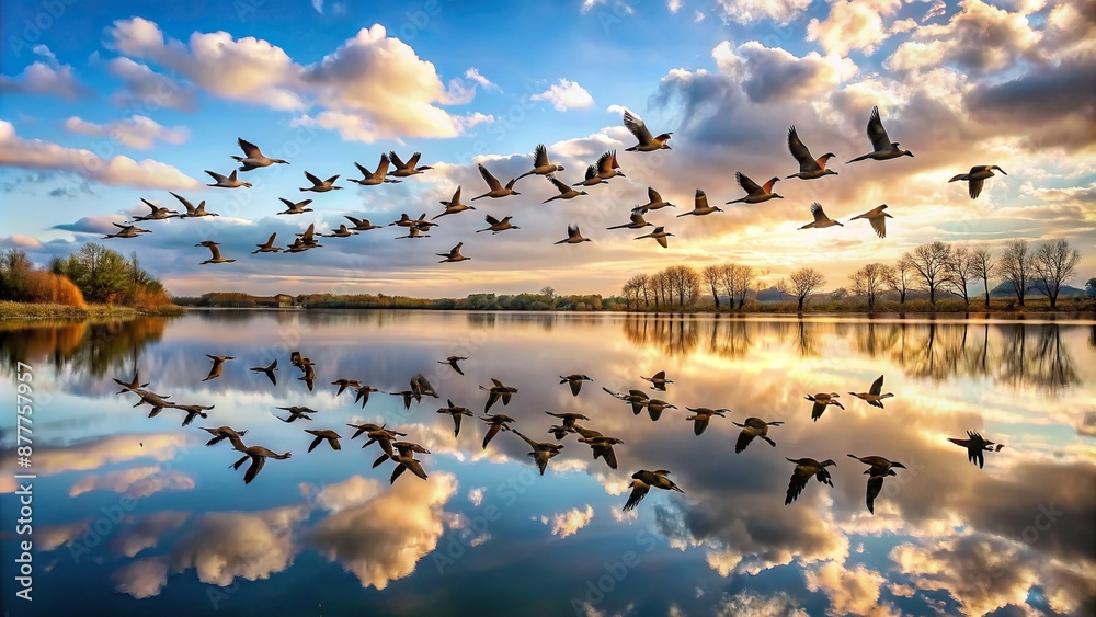 A flock of birds flying over a mirror like lake their formation echoed ...
