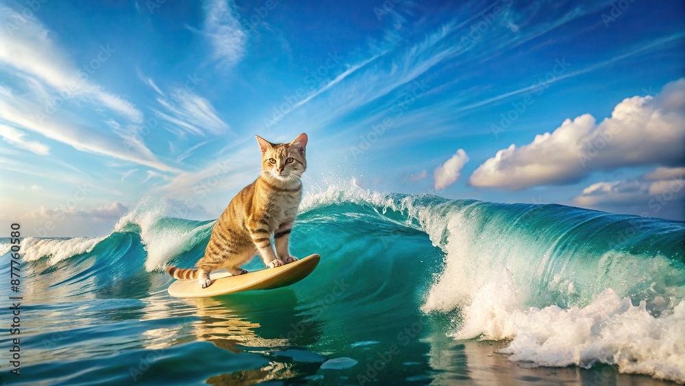 cat surfing on a wave on ocean sea on summer vacation holidays wave ...
