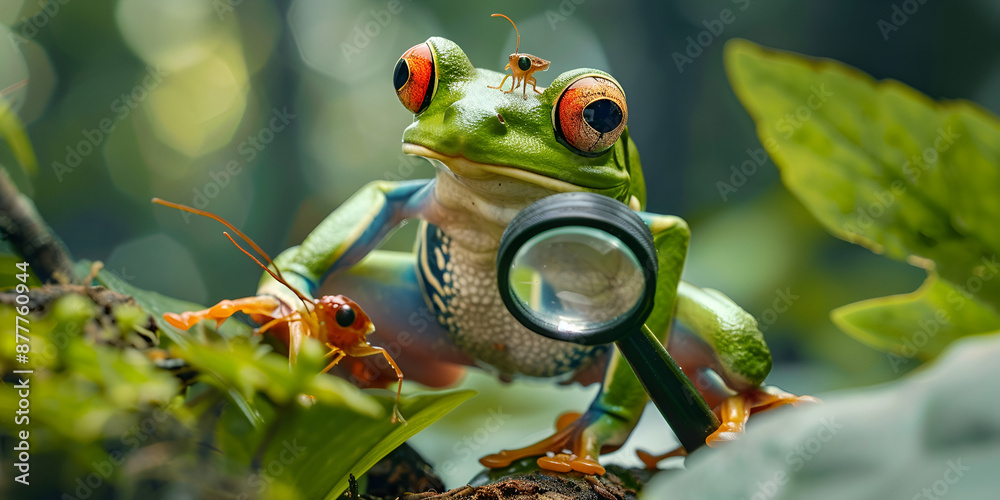 Playful frog holding a magnifying glass and a small insect encouraging ...