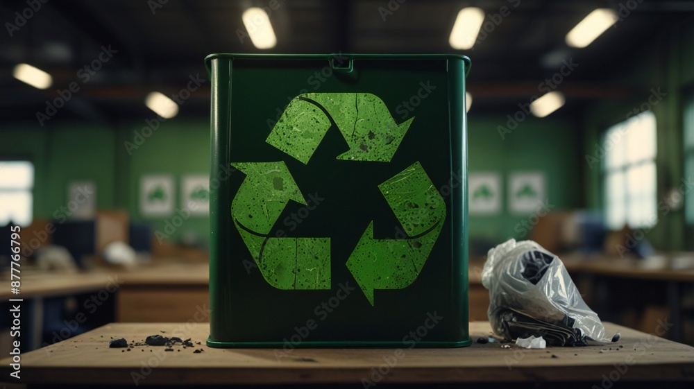 Green recycle symbol icon sign with professional environment background ...
