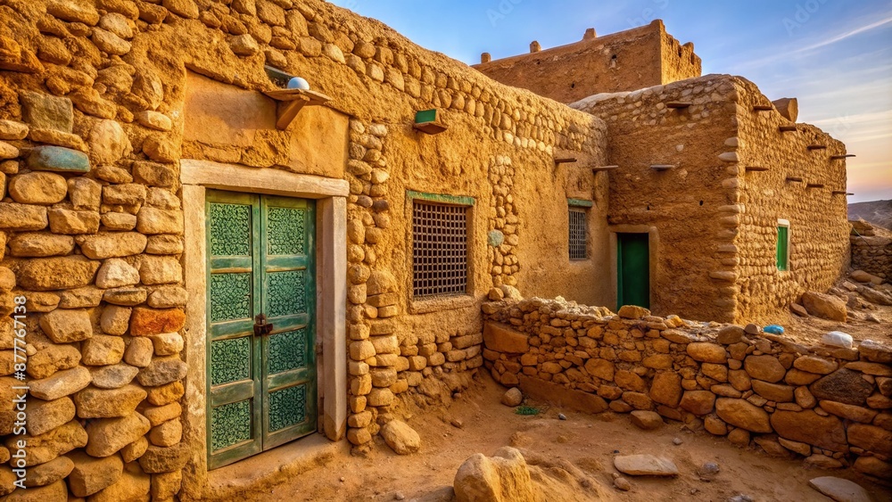 Ancient Arabic scripture adorns worn stone walls of a historic house at ...