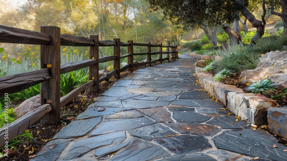 Craftsman-style walkway with hand-laid stone paving and bordered by ...