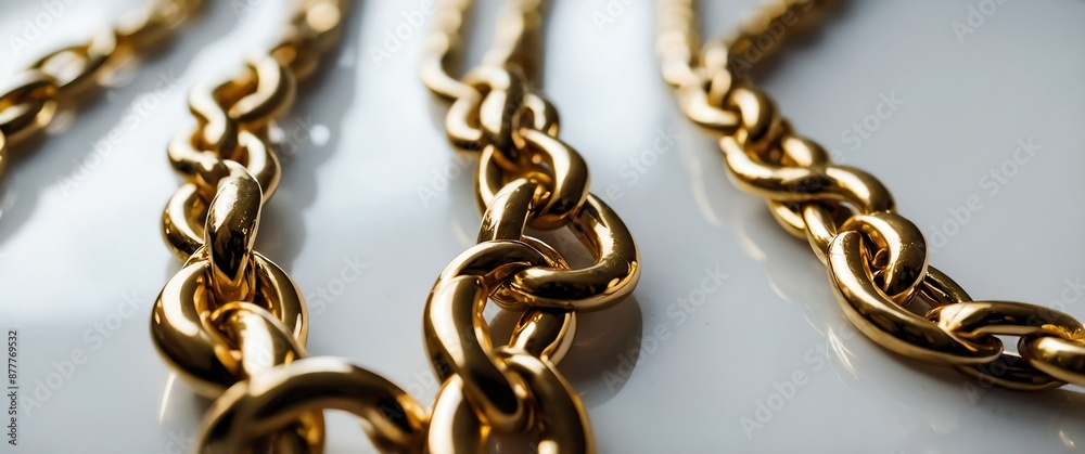 gold chains on smooth reflective plain white background for banner ...