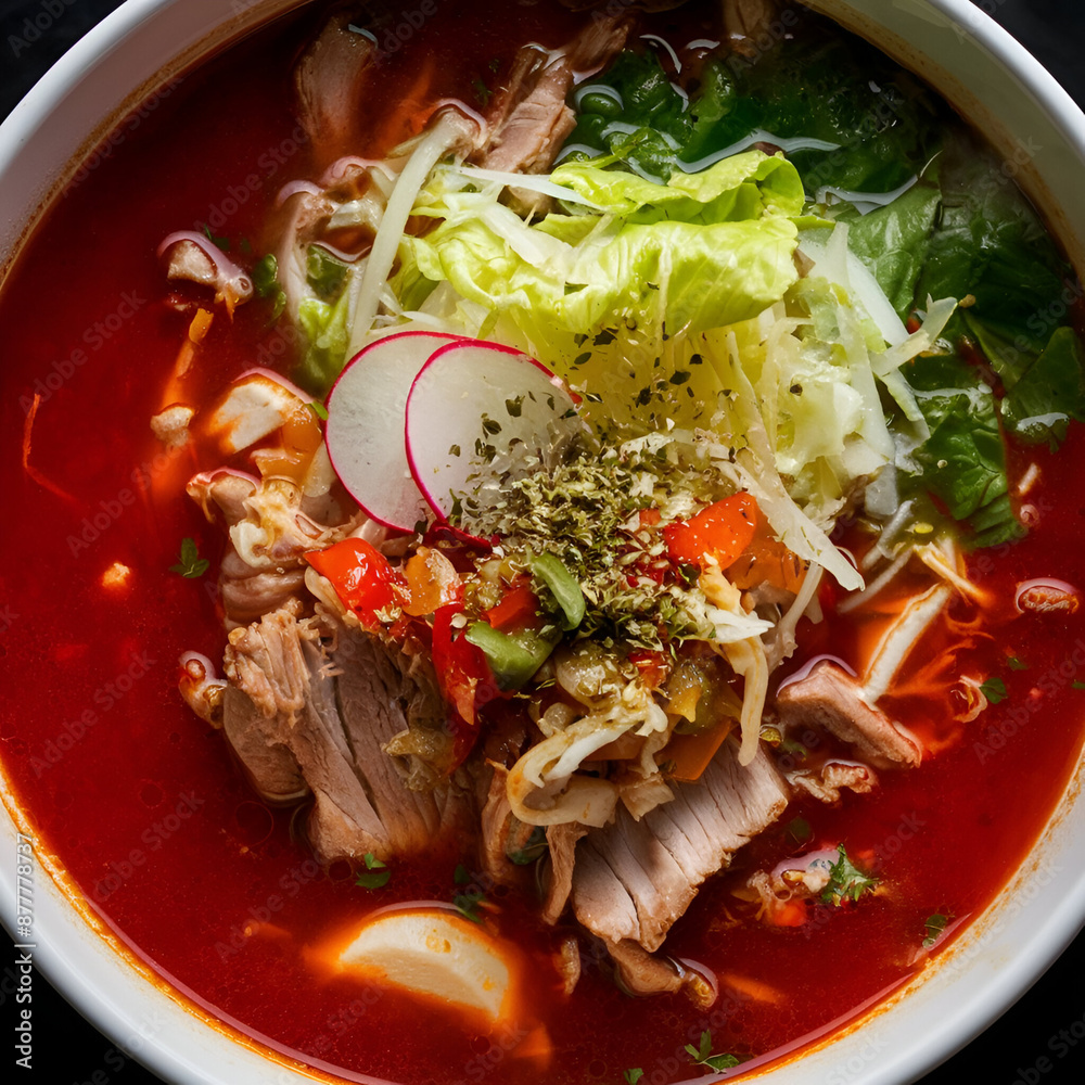 Pozole rojo, sopa mexicana de maíz, comida tradicional en México hecha ...