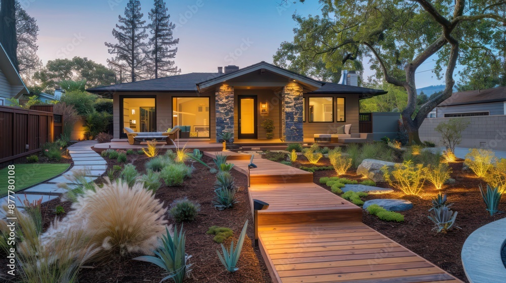 Craftsman-style front yard with a wooden walkway and bespoke outdoor ...