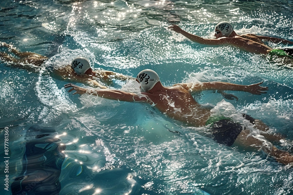 Swimming In a pool shimmering with sunlight, swimmers glide ...