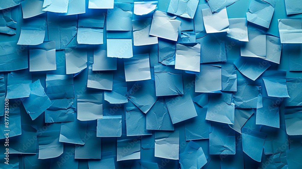 Experience a group of blue sticky post-it notes arranged dynamically on ...