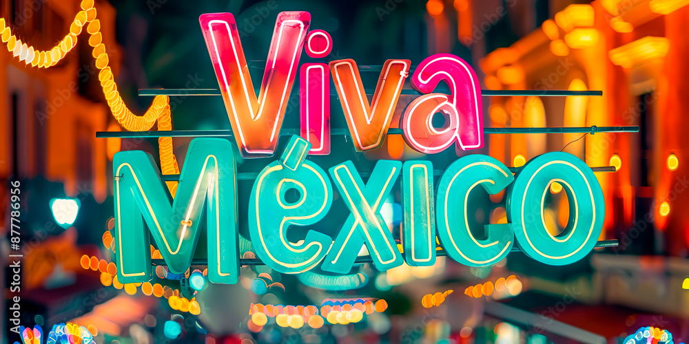 Letrero con colores vibrantes con al frase "Viva México" como ...