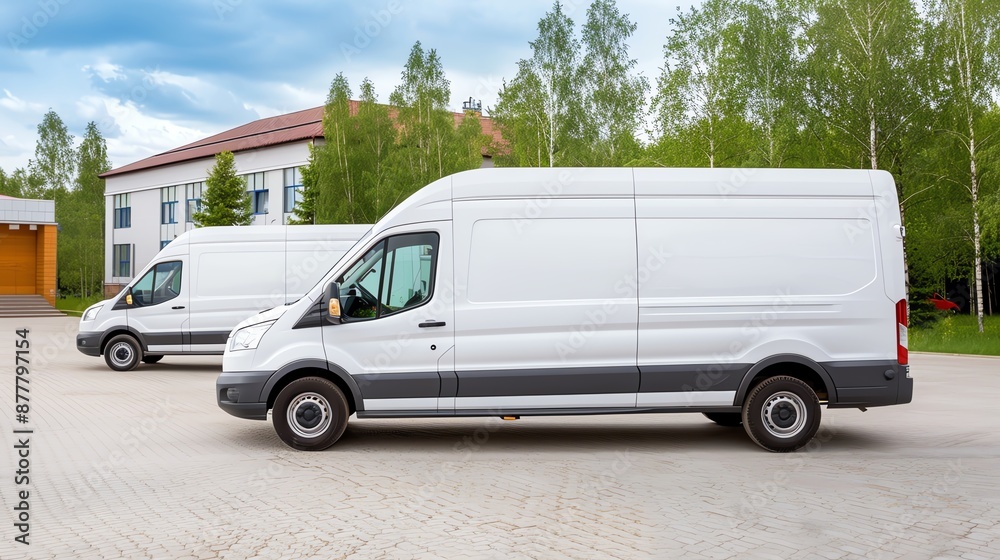 Fleet of delivery vans departing a distribution center, enterprise ...