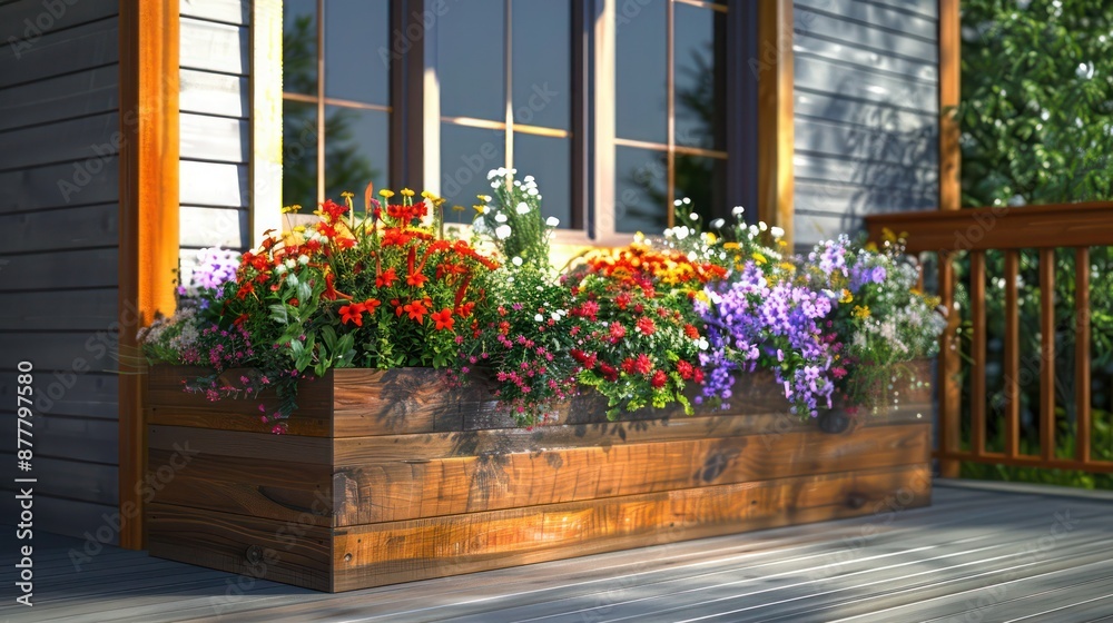 wooden Craftsman-style planter box for a front porch, designed to hold ...