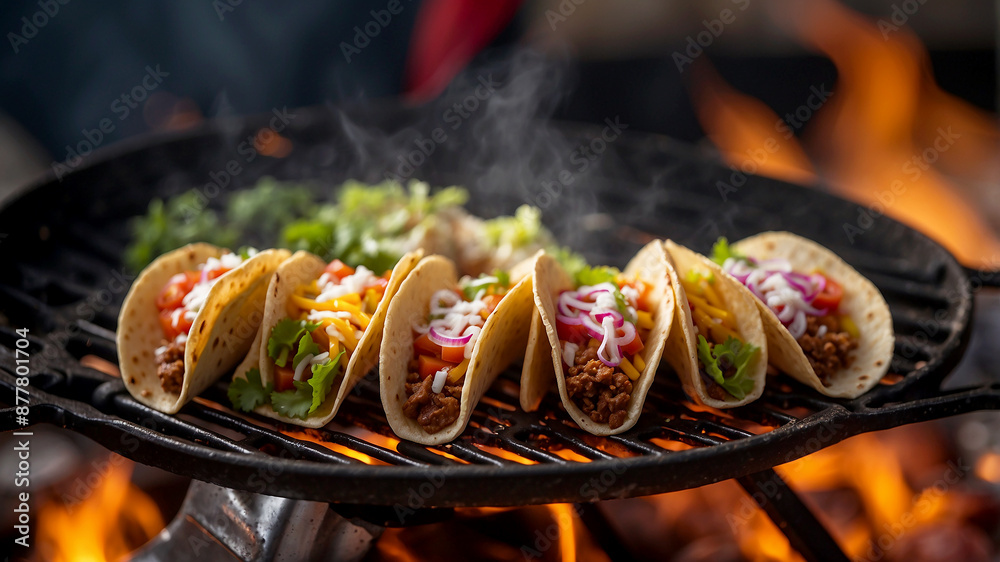 Tacos on a Grill Create a close-up shot of tacos cooking on a hot grill ...