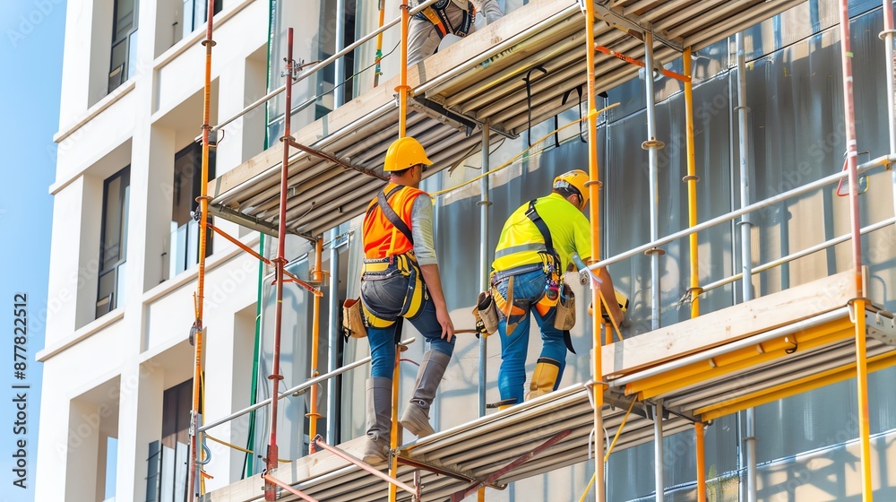 19 Construction team setting up scaffolding on a tall building, safety ...
