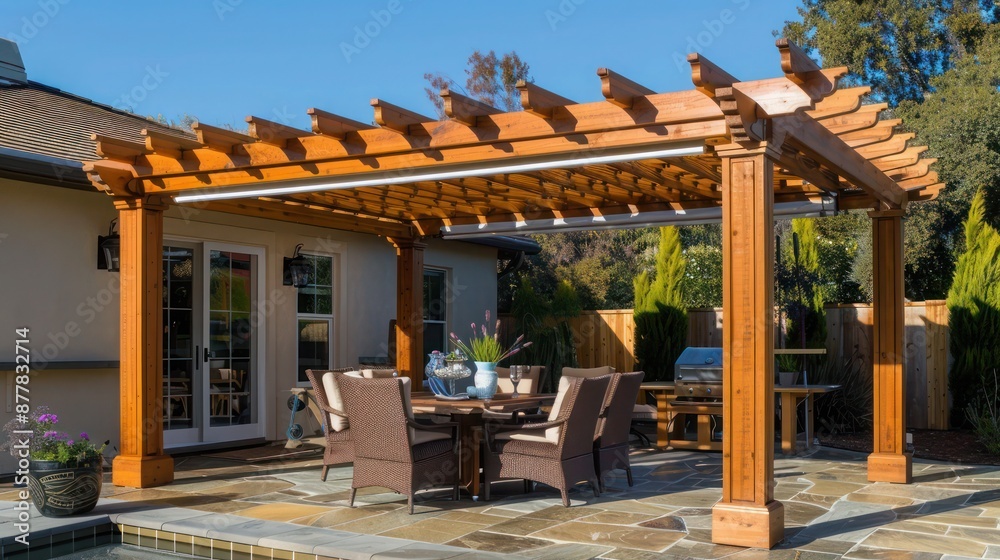 wooden Craftsman-style pergola with an integrated retractable awning ...