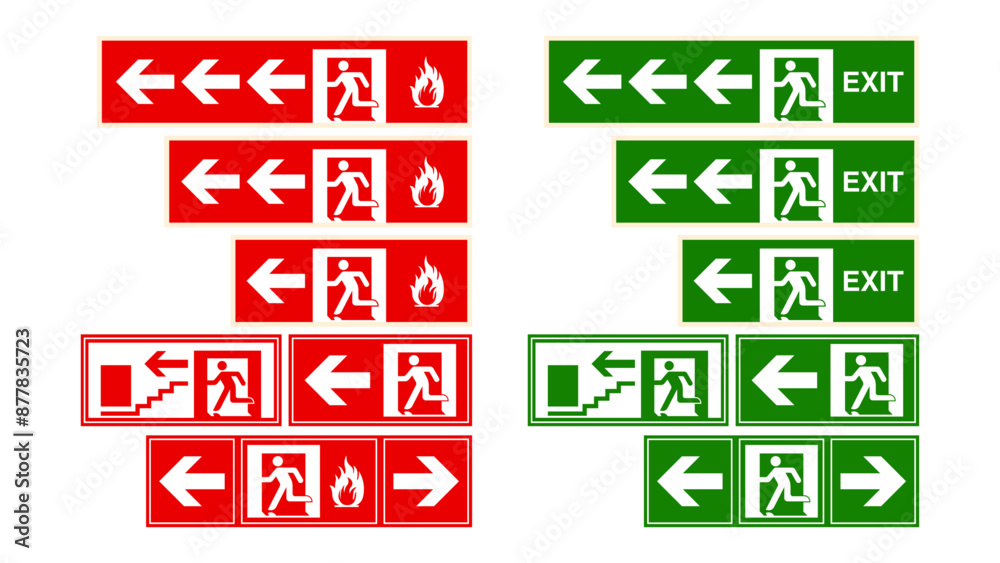 Emergency Exit Signs with Running Man, Fire, and Directional Arrows ...