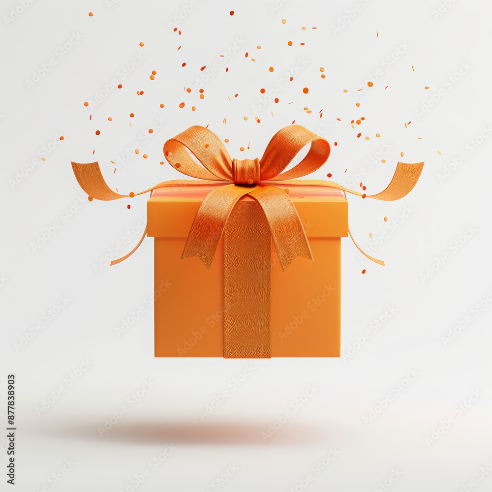 3D orange gift box flying on a white background with confetti, ribbon ...