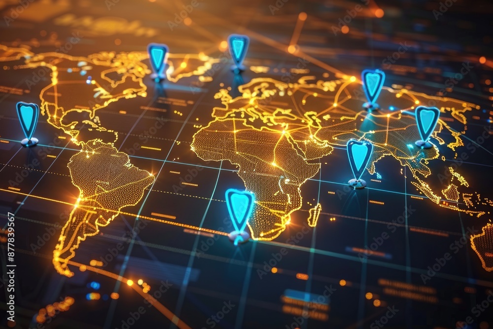 A digital representation of a golden world map with blue location pin ...