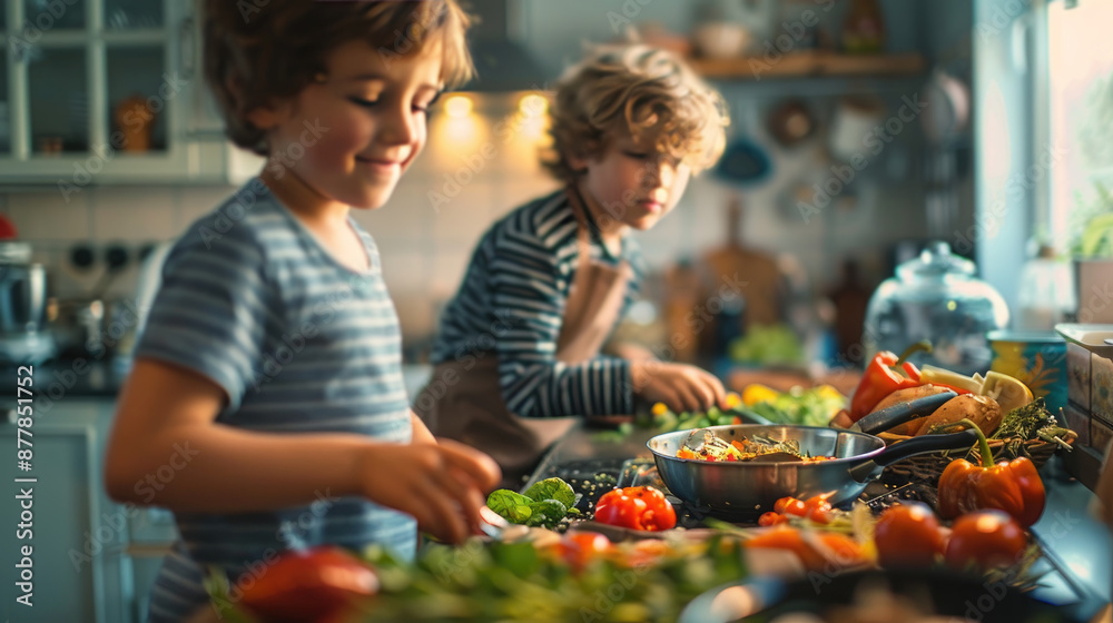 Two children boys are brothers cooking dinner together in a modern ...
