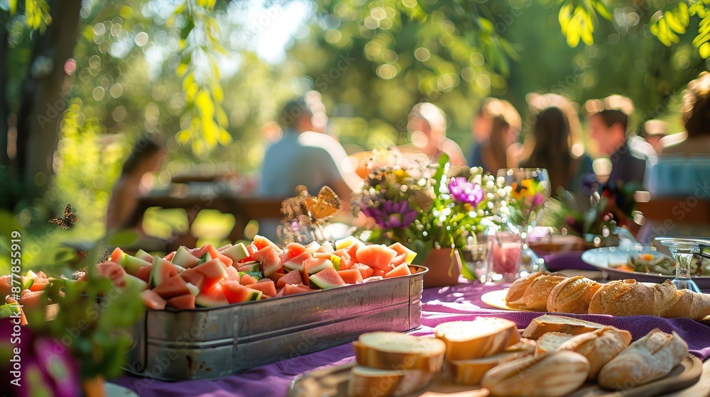 Outdoor gathering food spread summer picnic family friends social event ...
