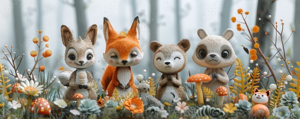 Cute woodland animals including fox, rabbit, bear, and panda standing ...