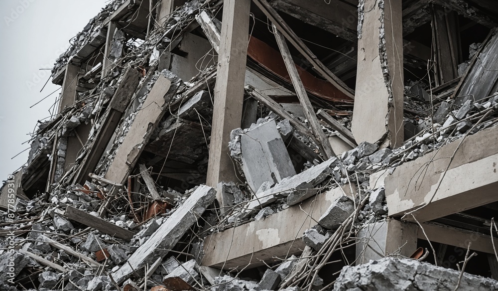 Modern destroyed building ruins close up, debris and wreckage of ...
