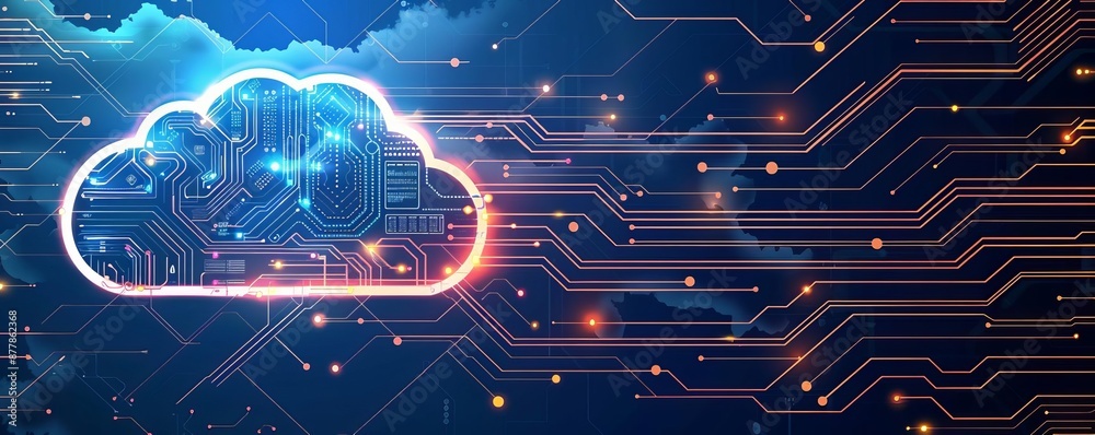 Innovative cloud technology with electric circuits flat design front ...