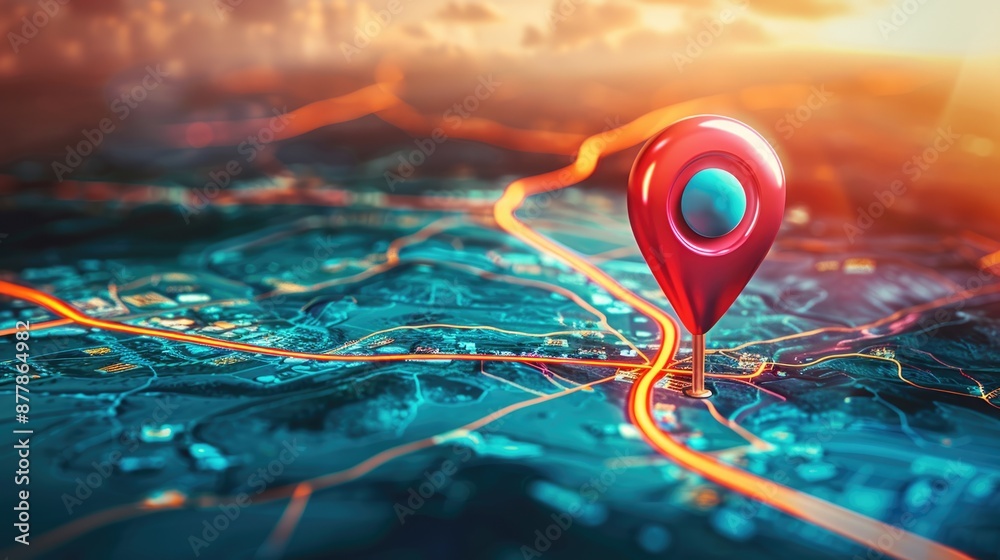 find your way location marking with a pin on a map with routes ...
