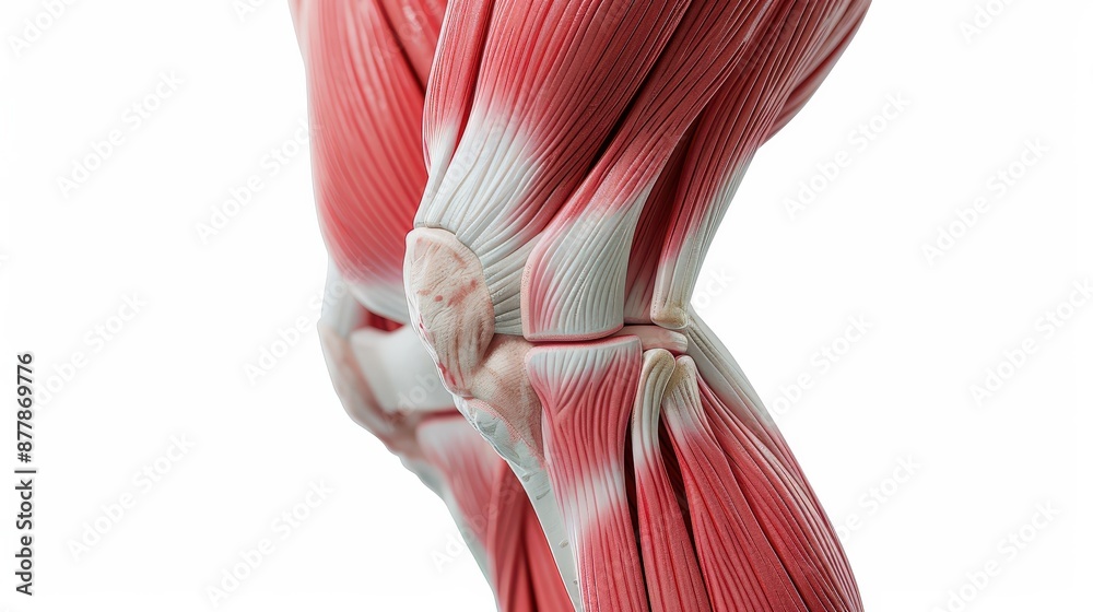 Detailed anatomical illustration of human knee muscles and tendons on ...