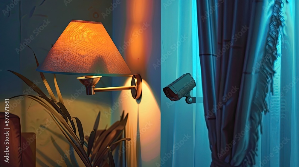 Surveillance camera in a dimly lit room, cozy home interior, modern ...