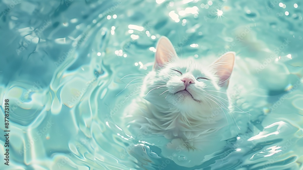 White Cat in the Pool. Shiny Water. Cat Floating in the Crystal Clear ...