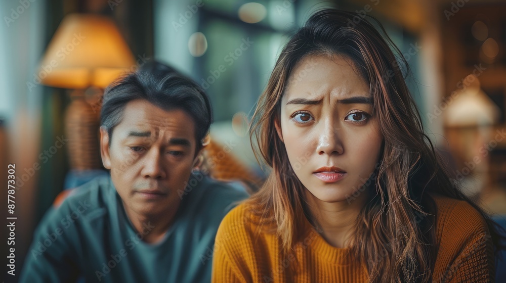 Breakup scene with an Asian couple, the young woman angry and upset ...