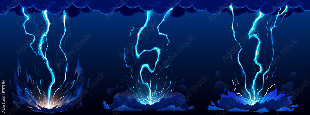 Cartoon blue lightning, thunder strike. Cartoon vector dynamic dark ...
