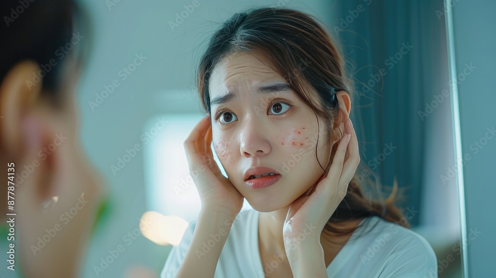 Asian woman looking worriedly at her reflection in the mirror ...