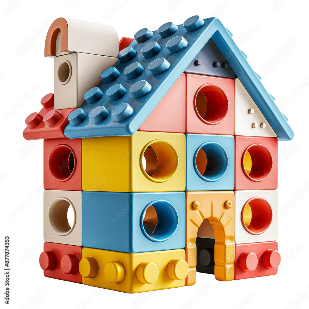 Colorful toy block house made of interlocking plastic pieces with ...
