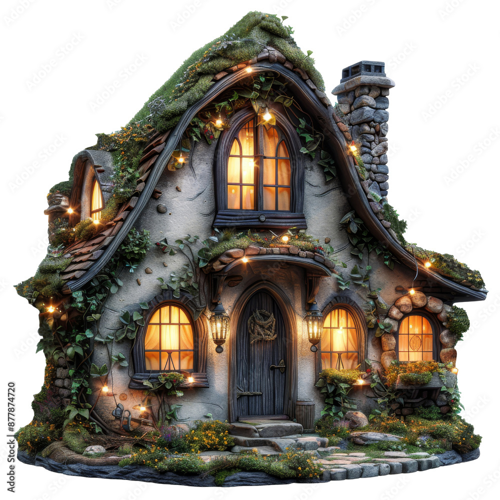 Mystical house with twisted architecture glowing windows and moss ...