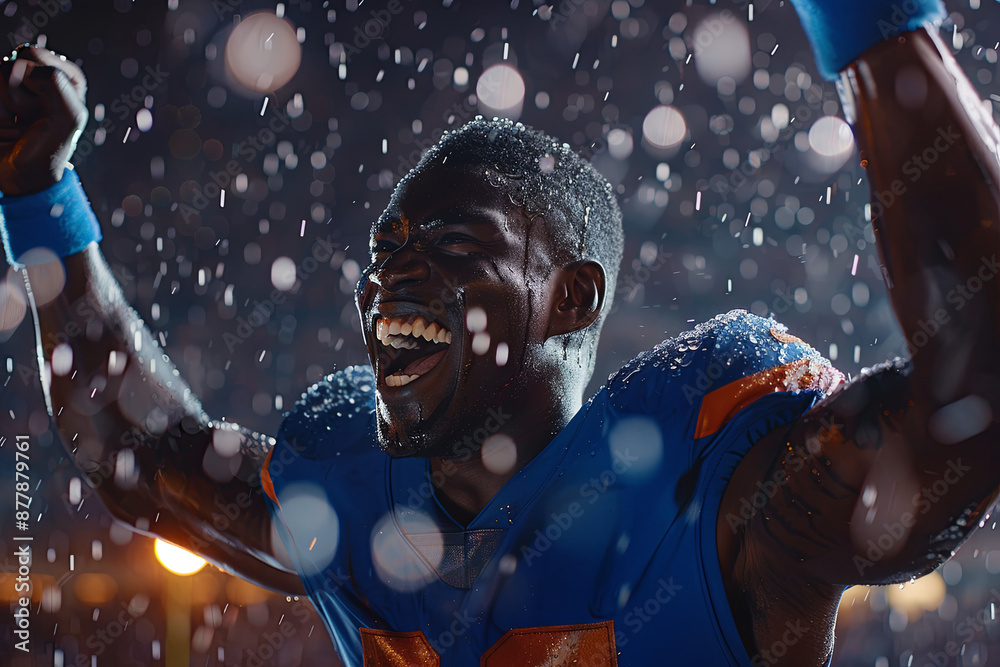 American football player celebrating championship win in the rain on a ...