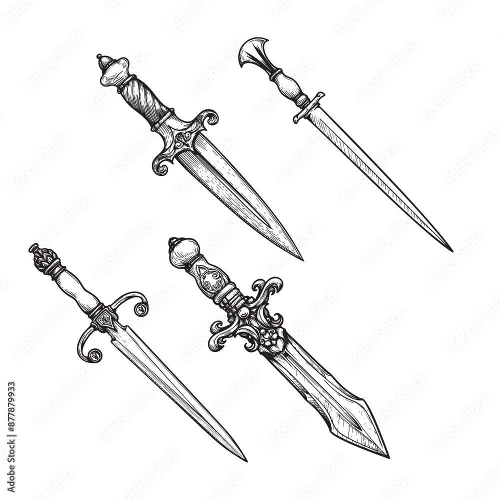 Vintage daggers set. Hand drawn sketch style medieval weapon collection ...